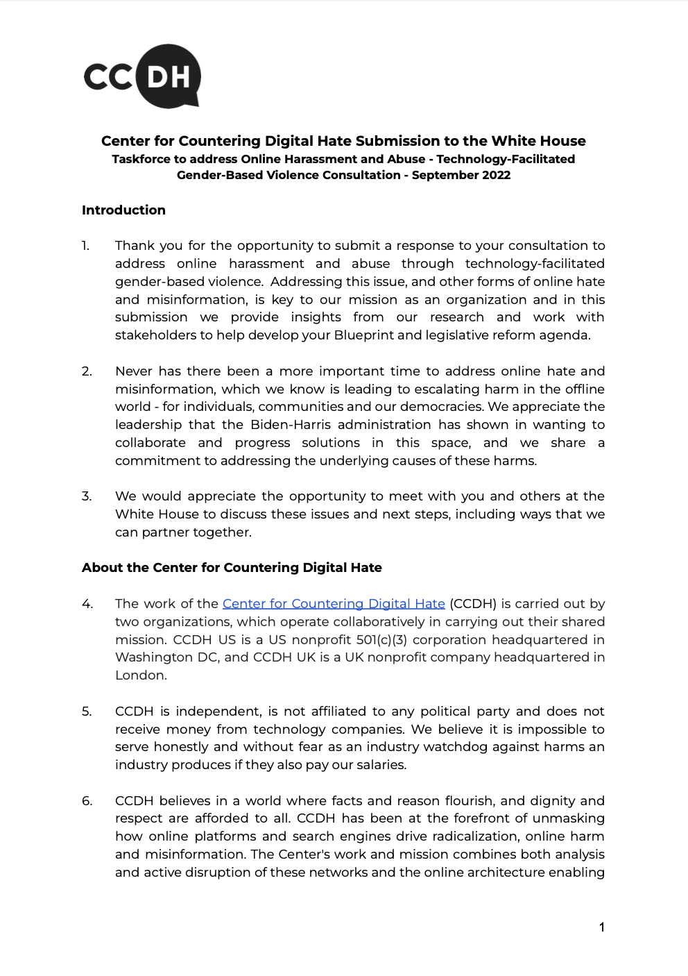 CCDH Submission to the White House — Center for Countering Digital Hate ...